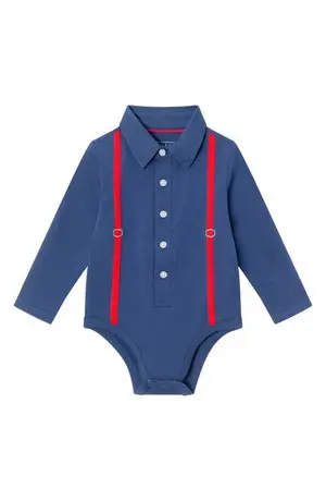 Andy & Evan Button-up Bodysuit With Joggers And Bow Tie - Navy Denim