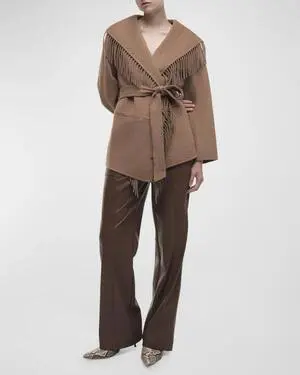 Simkhai SIMKHAI Rowen Fringe Belted Jacket Beige