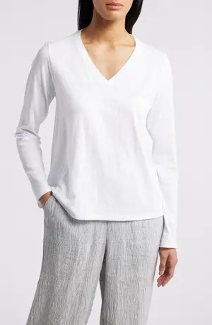Eileen Fisher Easy V-neck Long Sleeve Organic Cotton T-shirt - White