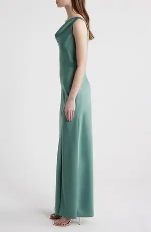 WAYF Lea Cowl Neck Satin Gown - Moss