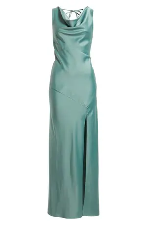 WAYF Lea Cowl Neck Satin Gown - Moss