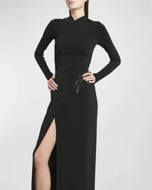 Giorgio Armani Jersey Column Gown With Floral Beaded Detail - Black