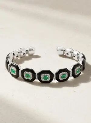 Nikos Koulis Oui 18-karat White Emerald, Diamond And Enamel Bangle - Gold