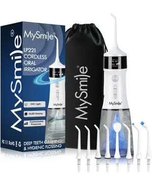 MYSMILE Lp221 Uvc Sterilizable Cordless Water Flosser 335ml Tank Oled Display Dental Flosser With 4 Modes 8 Jet Tips & Storage Pouch For Home & Travel - White