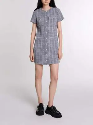 Maje Short Tweed Dress With Rhinestone Details - Grey