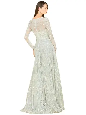 LARA NEW YORK Long Sleeve Beaded Lace Gown - Frost
