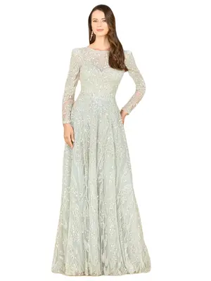LARA NEW YORK Long Sleeve Beaded Lace Gown - Frost