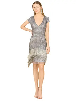 LARA NEW YORK Beaded Fringe Cocktail Dress - Grey