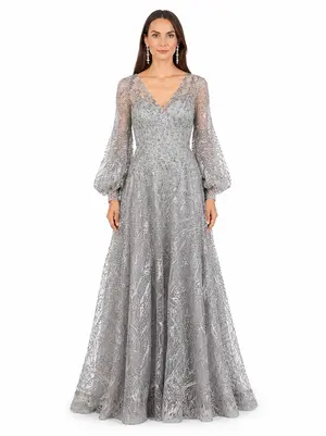 LARA NEW YORK V-neckline Long-sleeve Gown - Grey