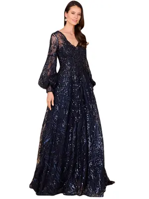 LARA NEW YORK V-neckline Long-sleeve Gown - Navy