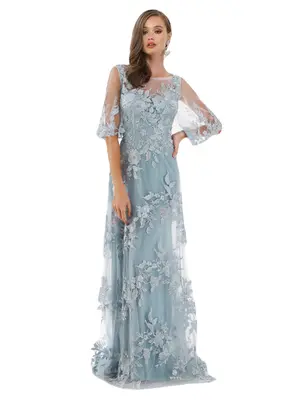 LARA NEW YORK Cape Sleeves A-line Lace Gown