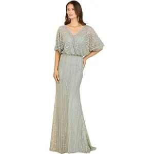LARA NEW YORK Cape Sleeve V-neck Gown With Geometric Beading - Olive
