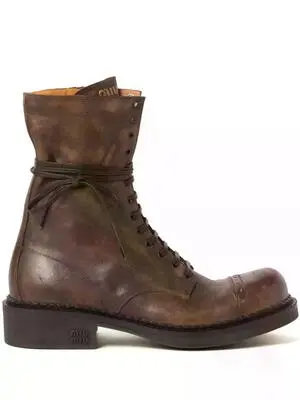 Miu Miu Leather Laced Ankle Boots - Brown