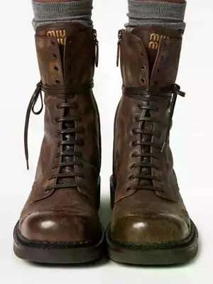 Miu Miu Leather Laced Ankle Boots - Brown