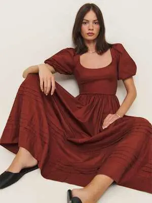 REFORMATION Everlyn Midi Dress With Puff Sleeves And Full Skirt