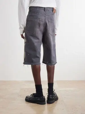 Kapital Wide-leg Appliquéd Distressed Denim Shorts - Gray