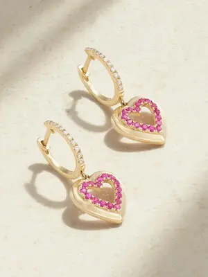ROXANNE FIRST Heart 14-karat Gold, Sapphire And Diamond Hoop Earrings - Pink