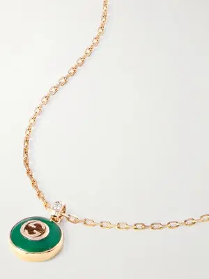 Gucci Interlocking G 18-karat Gold, Agate And Diamond Necklace - Green