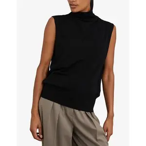 REISS Harper Funnel-neck Wool Top - Black