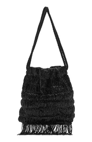 Mango Fringe Beaded Drawstring Bag - Black