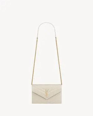 Saint Laurent CASSANDRE ENVELOPE CHAIN WALLET IN GRAIN DE POUDRE LEATHER Crema Soft