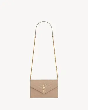 Saint Laurent CASSANDRE ENVELOPE CHAIN WALLET IN GRAIN DE POUDRE LEATHER Dark Beige