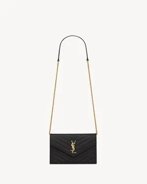 Saint Laurent CASSANDRE ENVELOPE CHAIN WALLET IN GRAIN DE POUDRE LEATHER Noir