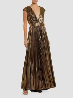 Mac Duggal Metallic Pleated Belted A-line Gown