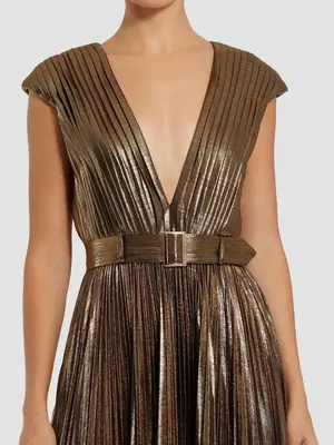 Mac Duggal Metallic Pleated Belted A-line Gown