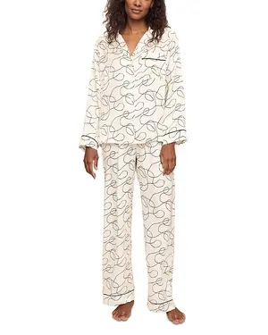 Eberjey Inez Printed Washable Silk Long Pajama Set Scribble Ivory