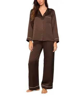 Eberjey Inez Washable Silk Long Pajama Set Chocolate/ivory