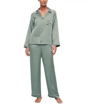 Eberjey Inez Washable Silk Long Pajama Set - Eucalyptus/ivory