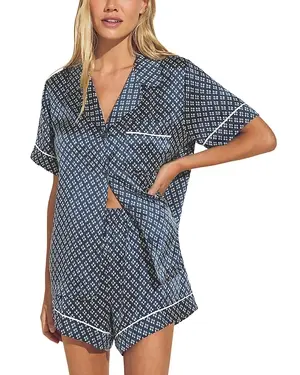 Eberjey Inez Printed Washable Silk Short Pajama Set Petite Batik Indigo Blue