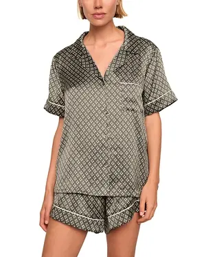 Eberjey Inez Printed Washable Silk Short Pajama Set Petite Batik Smokey Olive/ivory