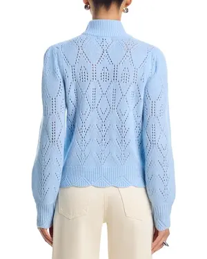 Aqua 100% Cashmere Pointelle Mock Neck Sweater - Frost Blue