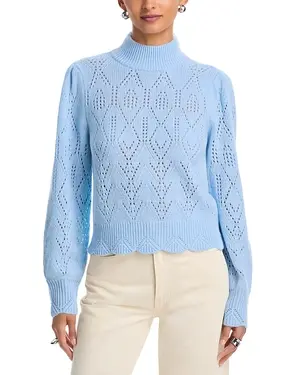 Aqua 100% Cashmere Pointelle Mock Neck Sweater - Frost Blue