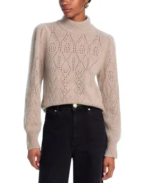 Aqua 100% Cashmere Pointelle Mock Neck Sweater - Wheat