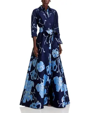 Rickie Freeman For Teri Jon Metallic Jacquard Gown - Navy Multi