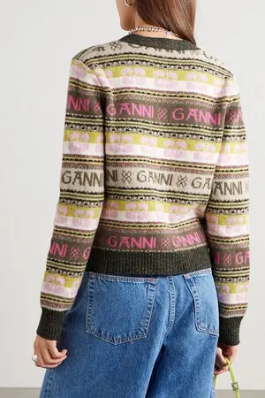 GANNI Intarsia-knit Wool-blend Cardigan - Dark Green
