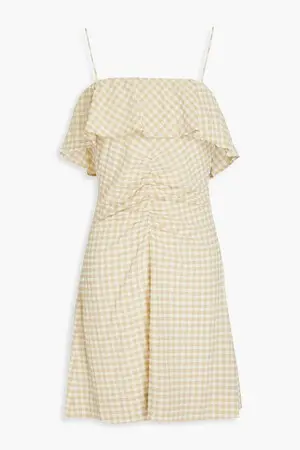 GANNI Ruched Gingham Seersucker Mini Dress