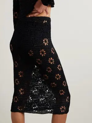 Calle Del Mar Floral Crocheted Midi Skirt - Black