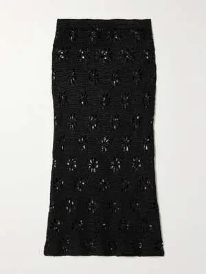 Calle Del Mar Floral Crocheted Midi Skirt - Black