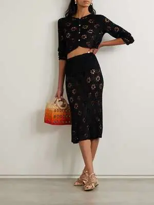 Calle Del Mar Floral Crocheted Midi Skirt - Black