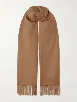 Saint Laurent Fringed Embroidered Cashmere Scarf Light Brown