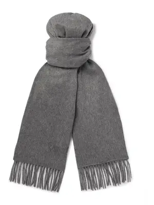 Saint Laurent Logo-embroidered Fringed Cashmere Scarf - Gray