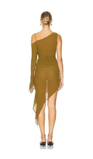 H:OURS Rei Asymmetrical Ruched Georgette Midi Dress