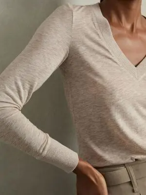 REISS Evelyn Lyocell-wool Marled V-neck Top