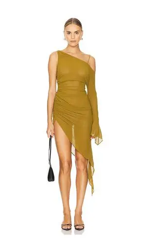 H:OURS Rei Asymmetrical Ruched Midi Dress