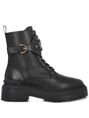 Pinko Leather Combat Boots With Signature Buckle - Black