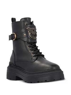Pinko Leather Combat Boots With Signature Buckle - Black
